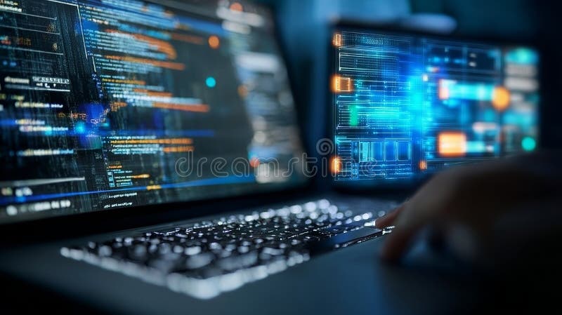 Software Development Process Debugging Code on Laptop and Programming on Computer Display Stock ...
