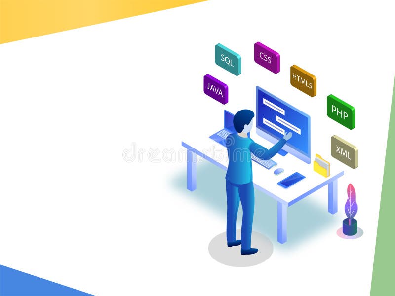 Workspace of Web Developer with Text Code on Abstract Blue Background ...