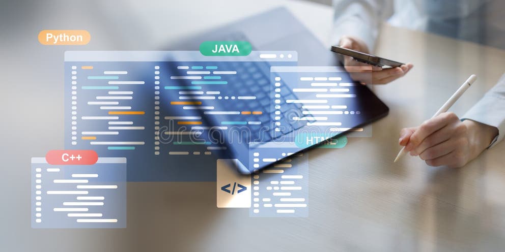 Software Development and Programming Languages Displayed on a Virtual Coding Interface Stock ...