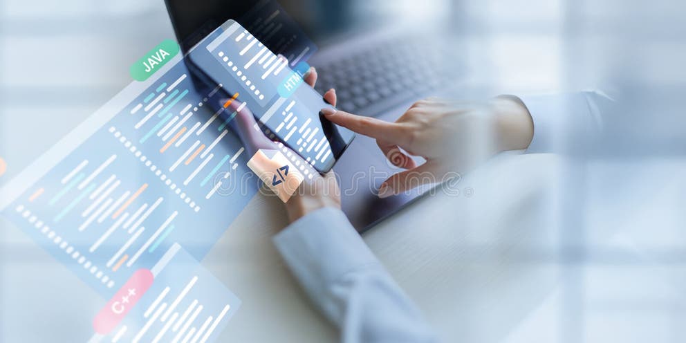 Software Development and Programming Languages Displayed on a Virtual Coding Interface Stock ...