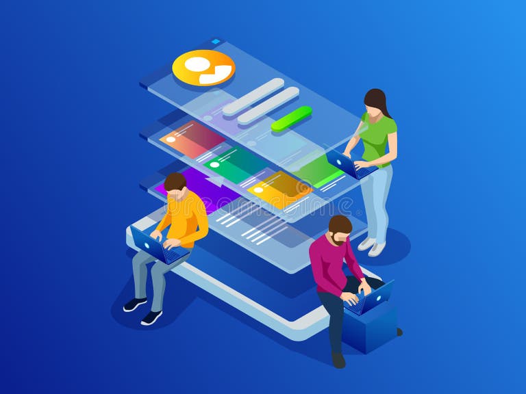 Isometric Phone Programming Concept. Software Development and Programming, Big Data Processing ...