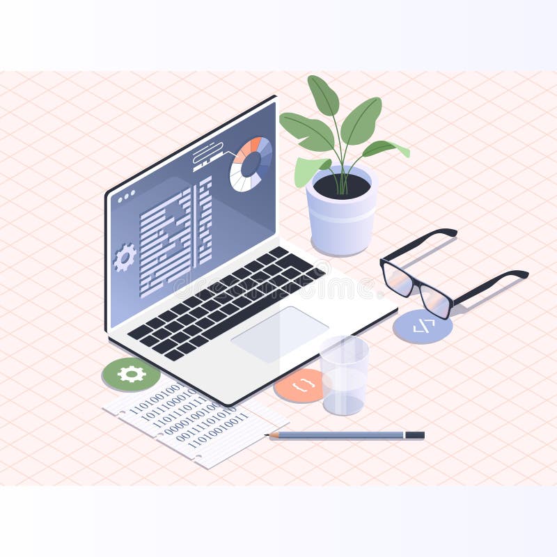 Software Development And Programmingprogrammer Coding Binary Computer Isometric Vector Flat