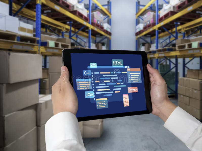 Software Development or Programming Work with Coding Screen Brisk Stock Image - Image of freight ...