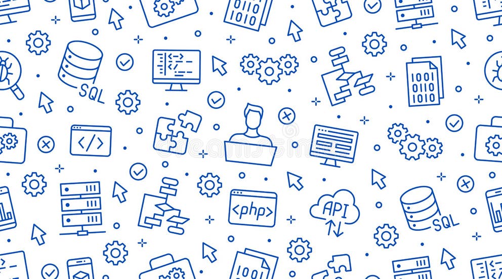 Software Development Seamless Pattern with Flat Line Icons. Programming Language Background ...