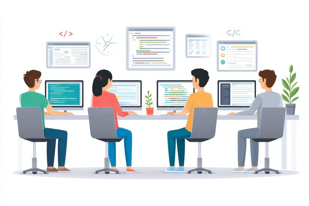Software Development Team Collaboration Four Programmers Work Together on Software Development ...