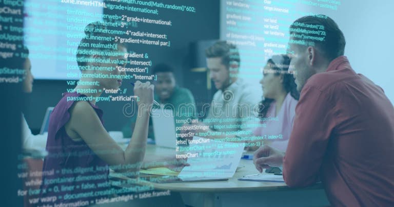 Software Development Team Reviewing Code in Office, with Laptops, Notebooks and Projected Code ...