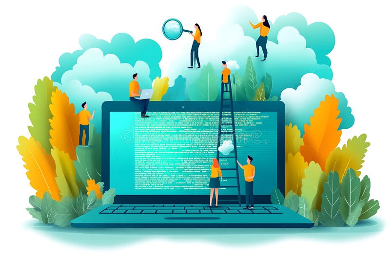 Software Development Team Working on a Laptop Programming and Cloud Computing Stock Illustration ...