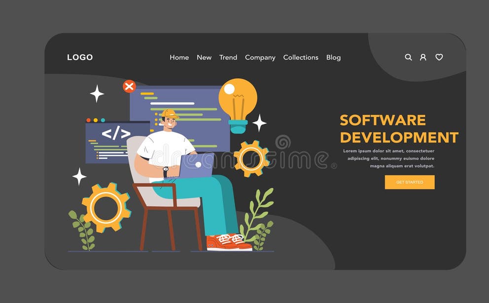 Software Development Web Banner or Landing Page Dark or Night Mode Stock Vector - Illustration ...