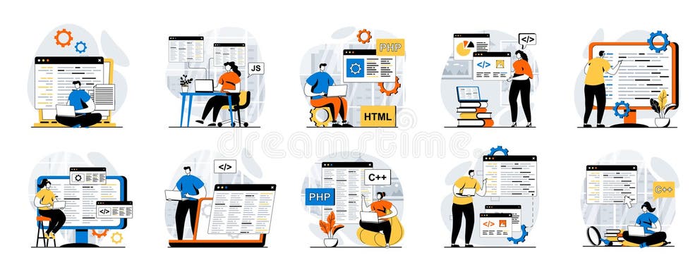 Software Development Web Concept with People Scenes Mega Set in Flat ...