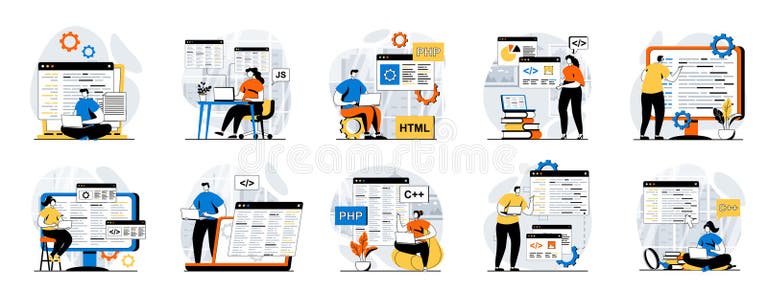 Software Development Web Concept with People Scenes Mega Set in Flat ...