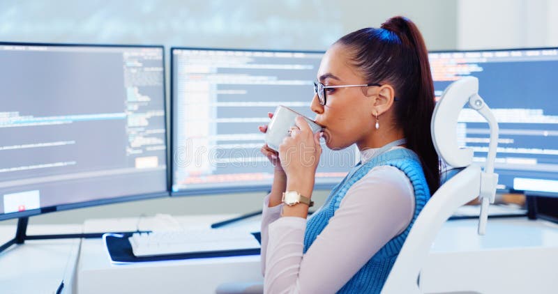 Software Development Woman Programmer And Computer With Coffee For System Update Or Tech