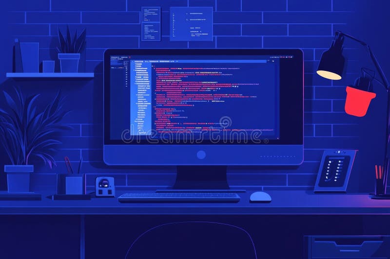 Software Development Workspace with Code on Screen. Stock Image - Image ...