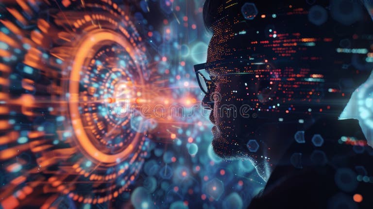 Software Engineer Analyzing Futuristic Circular Data Interface with ...