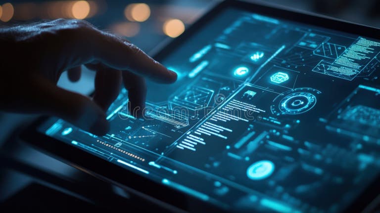 Software Engineer Browsing Futuristic Interface on Transparent Tablet ...