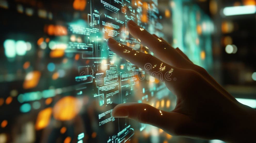 Software Engineer Browsing Futuristic Transparent Display with Data and Code Stock Image - Image ...