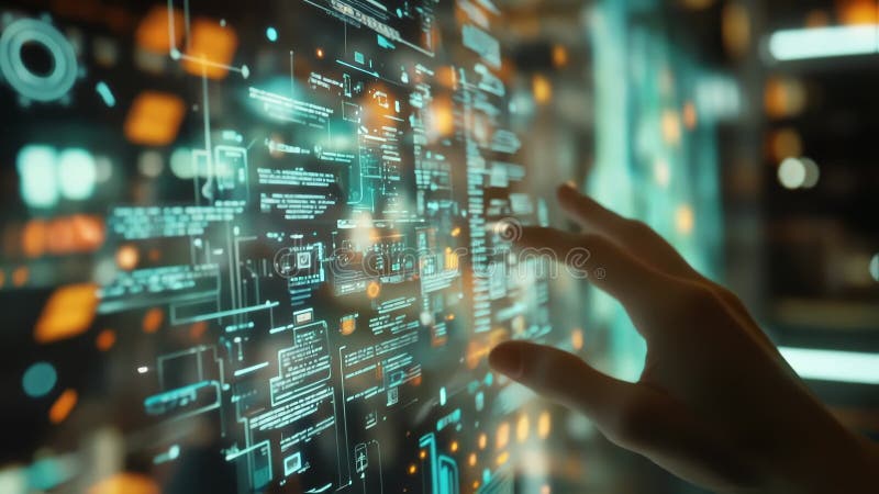 Software Engineer Browsing Futuristic Transparent Display with Data and ...