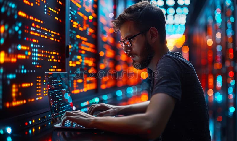 Software Engineer Coding Data Management System Amid Digital Technology Setup Computer