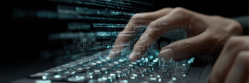 Software Engineer Developing Futuristic Software, Typing Source Code on Laptop Keyboard Stock ...