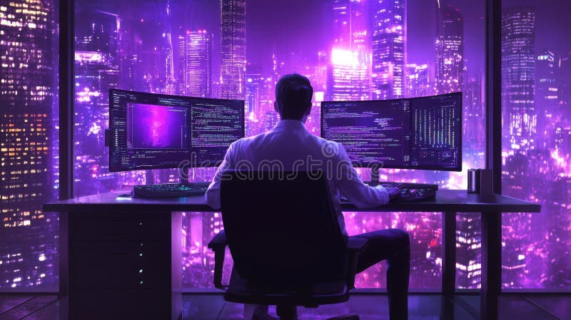 A Software Engineer Engaged in Work on Multiple Laptops, Set Against a ...