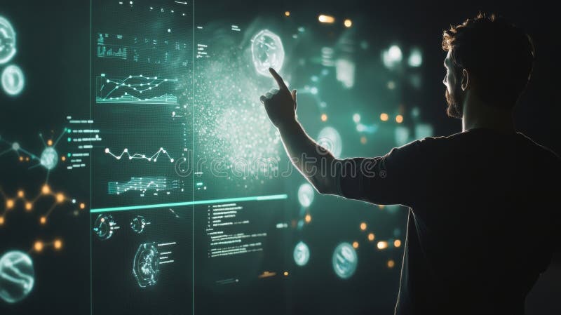 Software Engineer Touching Futuristic Touchscreen Interface with Graphs and Data Visualizations ...
