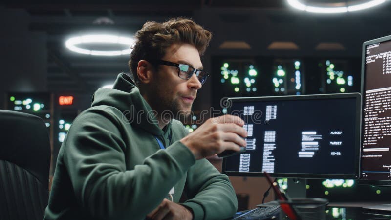 Software Engineer Looking Monitors in Advanced Monitoring Office Close ...