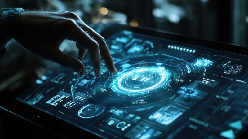 Software Engineer Touching Futuristic Ai Control Panel Displaying Hologram Data Stock Photo ...