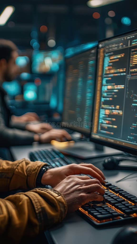Software Engineer Types Code on Keyboard in Modern Workspace, Focused on Programming Tasks Stock ...