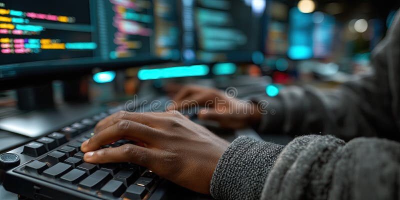 Software Engineer Types Code On Keyboard Working With Multiple Monitors In Coding Environment