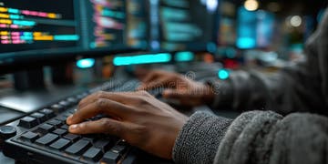 Software Engineer Types Code on Keyboard, Working with Multiple ...