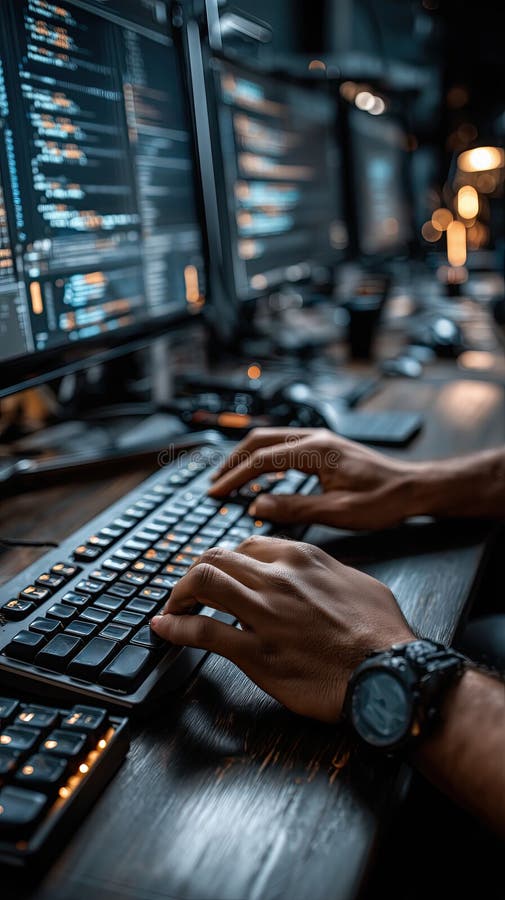 Software Engineer Types Code On Keyboard Working With Multiple Monitors In Dimly Lit Office