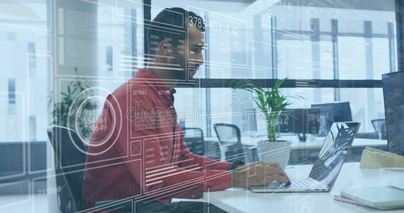 Software Engineer Typing on Laptop in Office Generating Holograms Sipping Coffee Resuming Coding ...