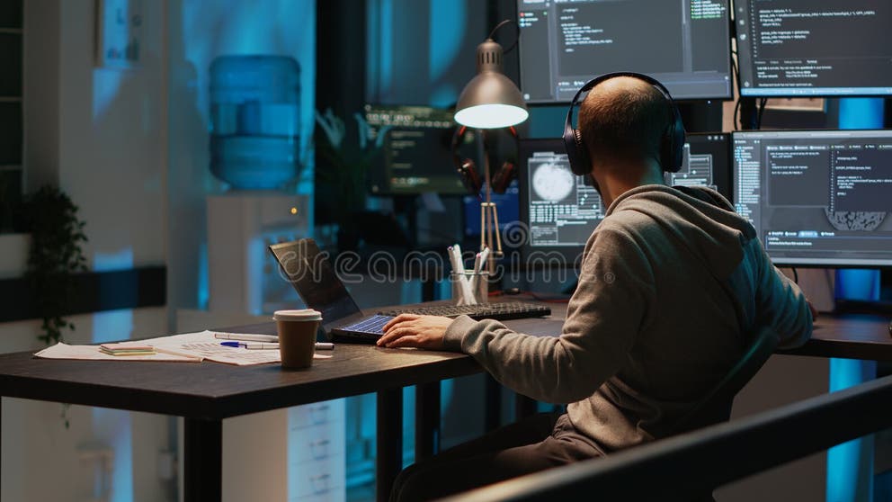 Software Engineer Typing Programming Code on Laptop with Multiple Monitors Stock Image - Image ...