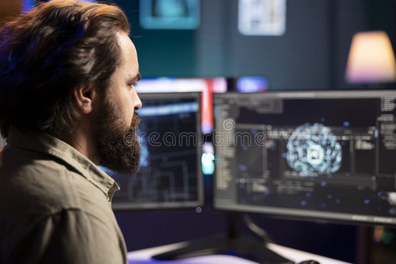 Man Working with AI Deep Neural Networks on Desktop PC, Close Up Shot Stock Image - Image of ...