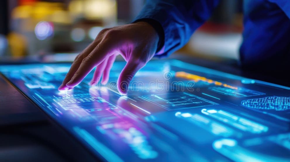 Software Engineer Working with Interactive Touchscreen Table Displaying ...