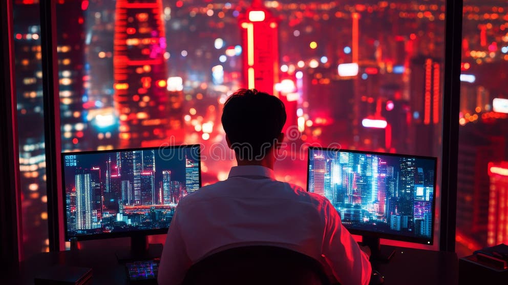 A Software Engineer Using Multiple Laptops Against a Backdrop of ...