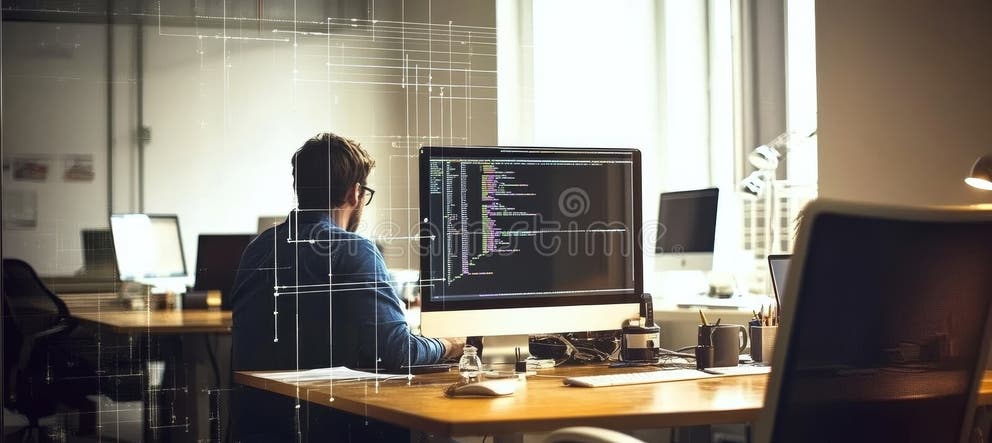 Software Engineer Working on Development in a Modern Office, Cyberpunk ...