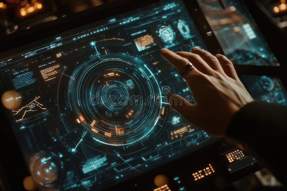 Software Engineer Working with Futuristic Interactive Touch Screen Interface in Dark Room Stock ...