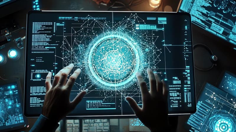 Software Engineer Working with Futuristic Interactive Touchscreen Interface and Multiple ...