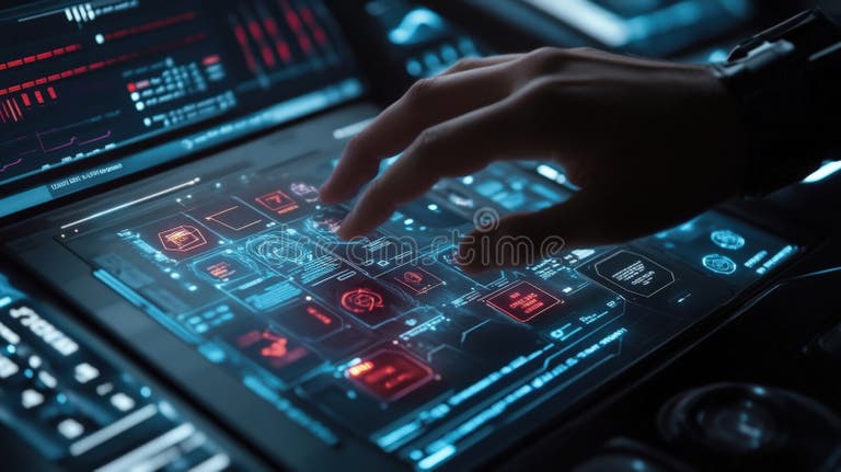 Software Engineer Working on Futuristic Transparent Touchscreen Computer in Digital Forensics ...