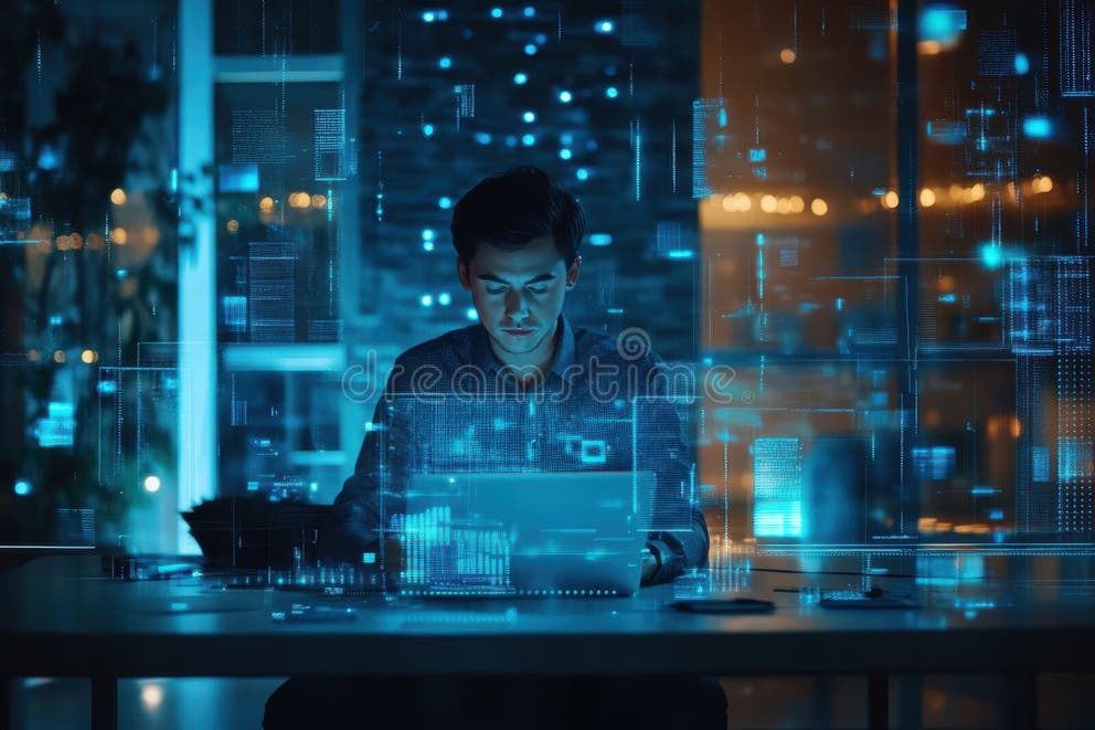 Software Engineer Working with Holographic Futuristic Interface in ...