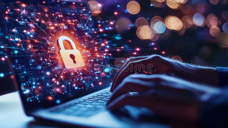 Software Engineer Working on a Laptop with a Security Lock Graphic ...
