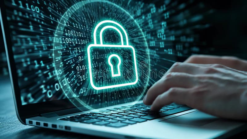 Software Engineer Working on a Laptop with a Security Lock Graphic ...