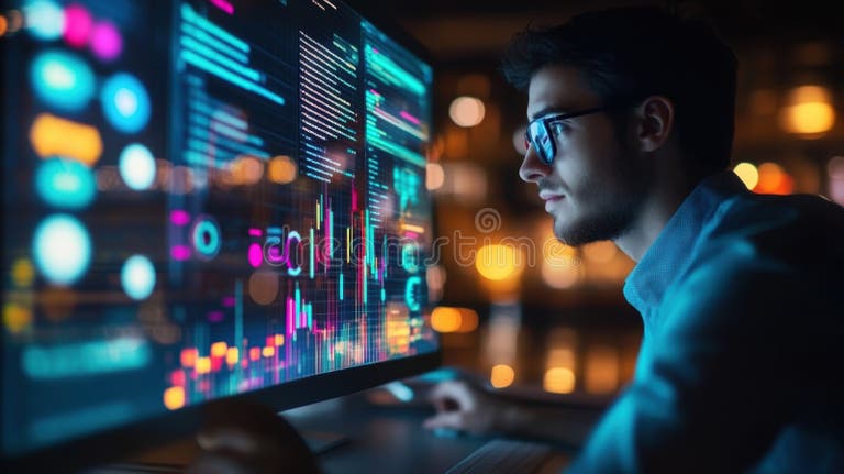 Software Engineer Working Late Analyzing Code and Graphs on Computer Screen Stock Image - Image ...