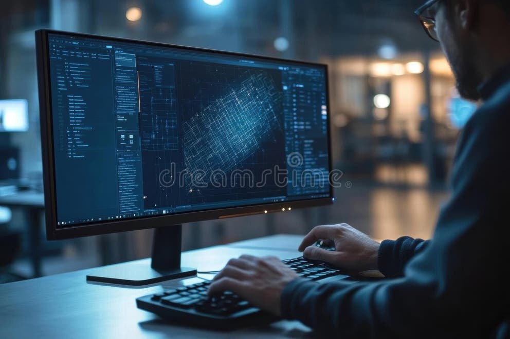 Software Engineer Working Late on Computer, Developing Code, Programming Project. Late Night ...