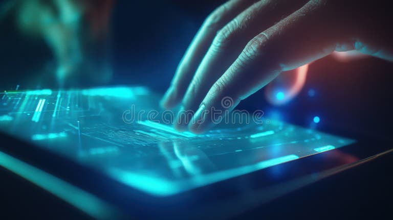 Software Engineer Working Late at Night on Futuristic Touchscreen ...