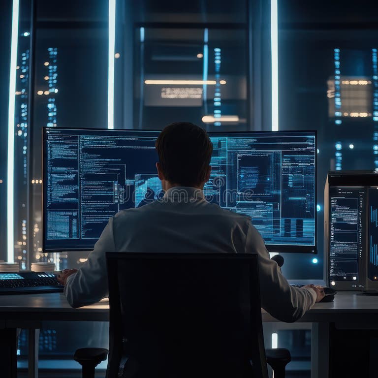 Software Engineer Working With Source Code On Computer In Server Room