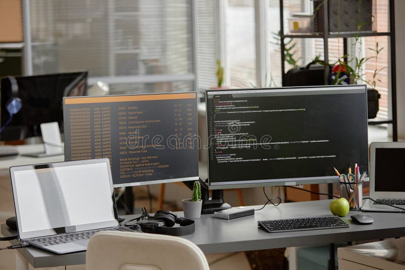 Software Engineer Workspace with Computer Script on Monitor Stock Photo - Image of empty ...