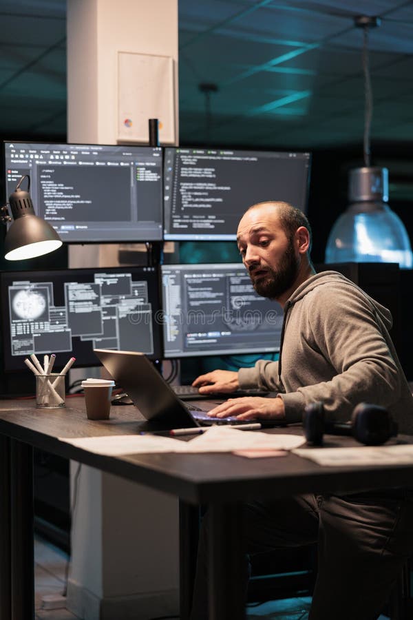 Software Engineer Writing Code on Multiple Screens Stock Photo - Image of firewall, learning ...