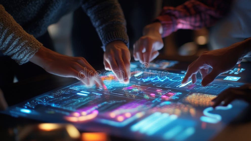 Software Engineers Analyzing Data on Futuristic Touchscreen Interface Stock Photo - Image of ...