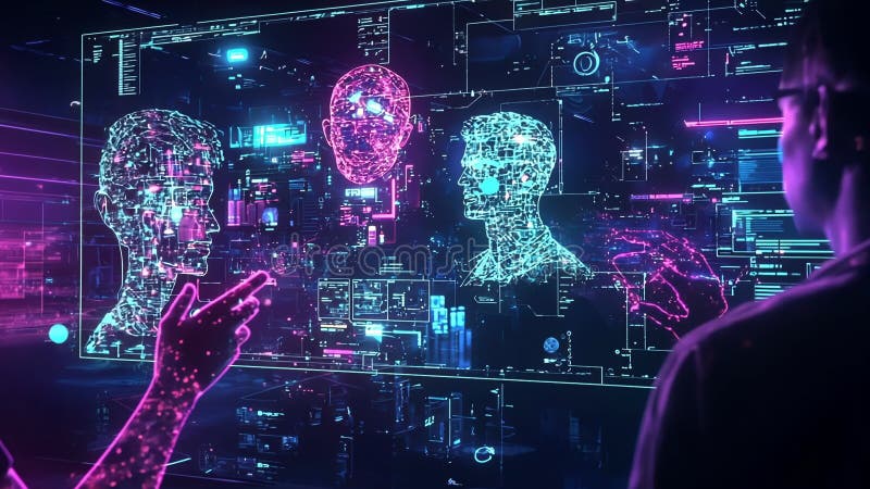 Software Engineers Analyzing User Data With Holographic Interface In Futuristic Control Room